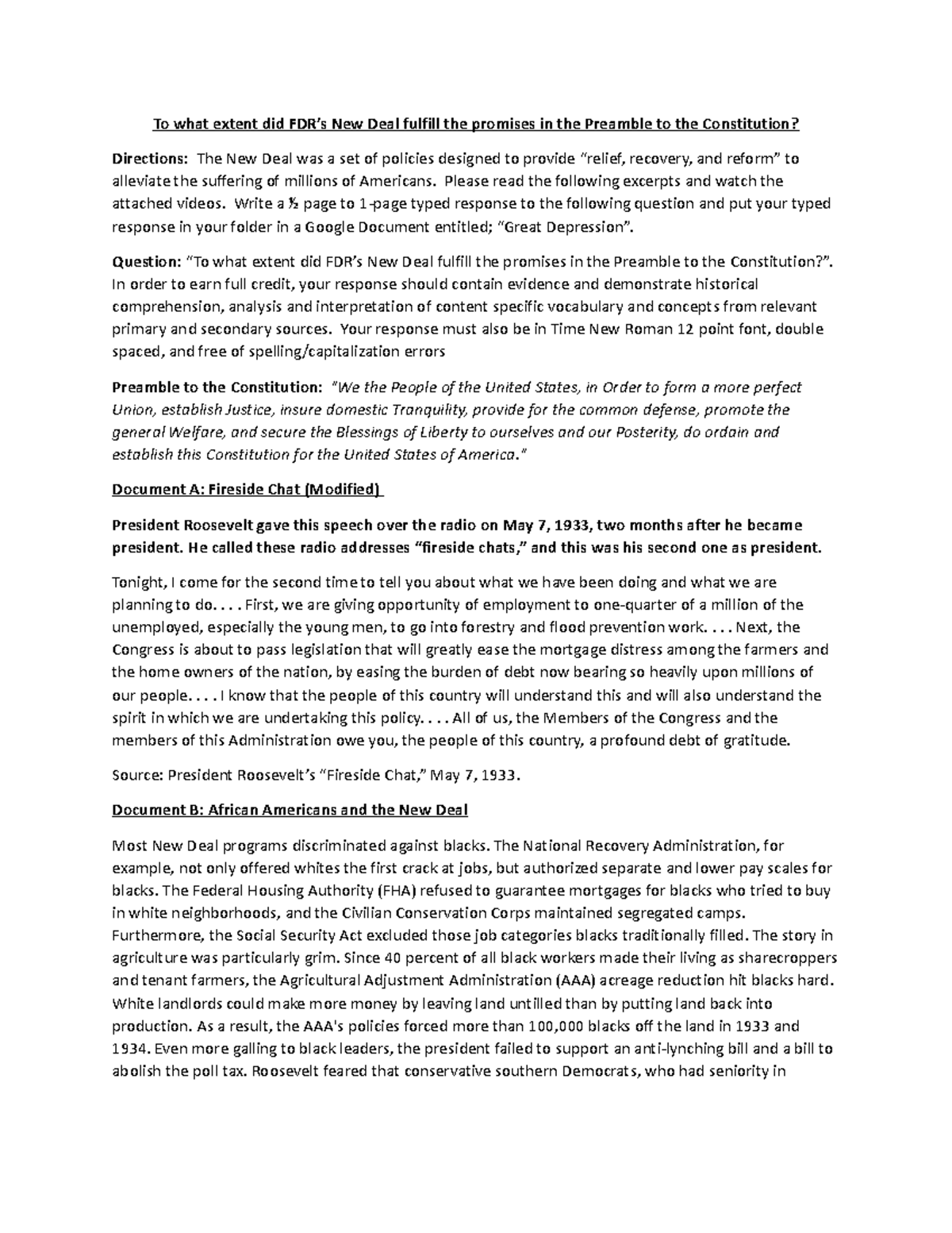 To what extent did FDR New Deal Fullfill Preamble - To what extent did ...