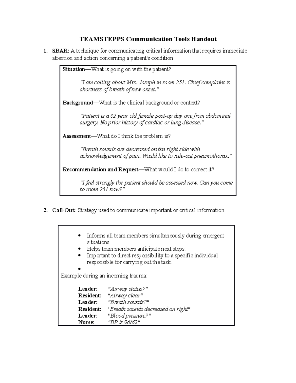 Teamstepps Communication Tools Handout - TEAMSTEPPS Communication Tools ...