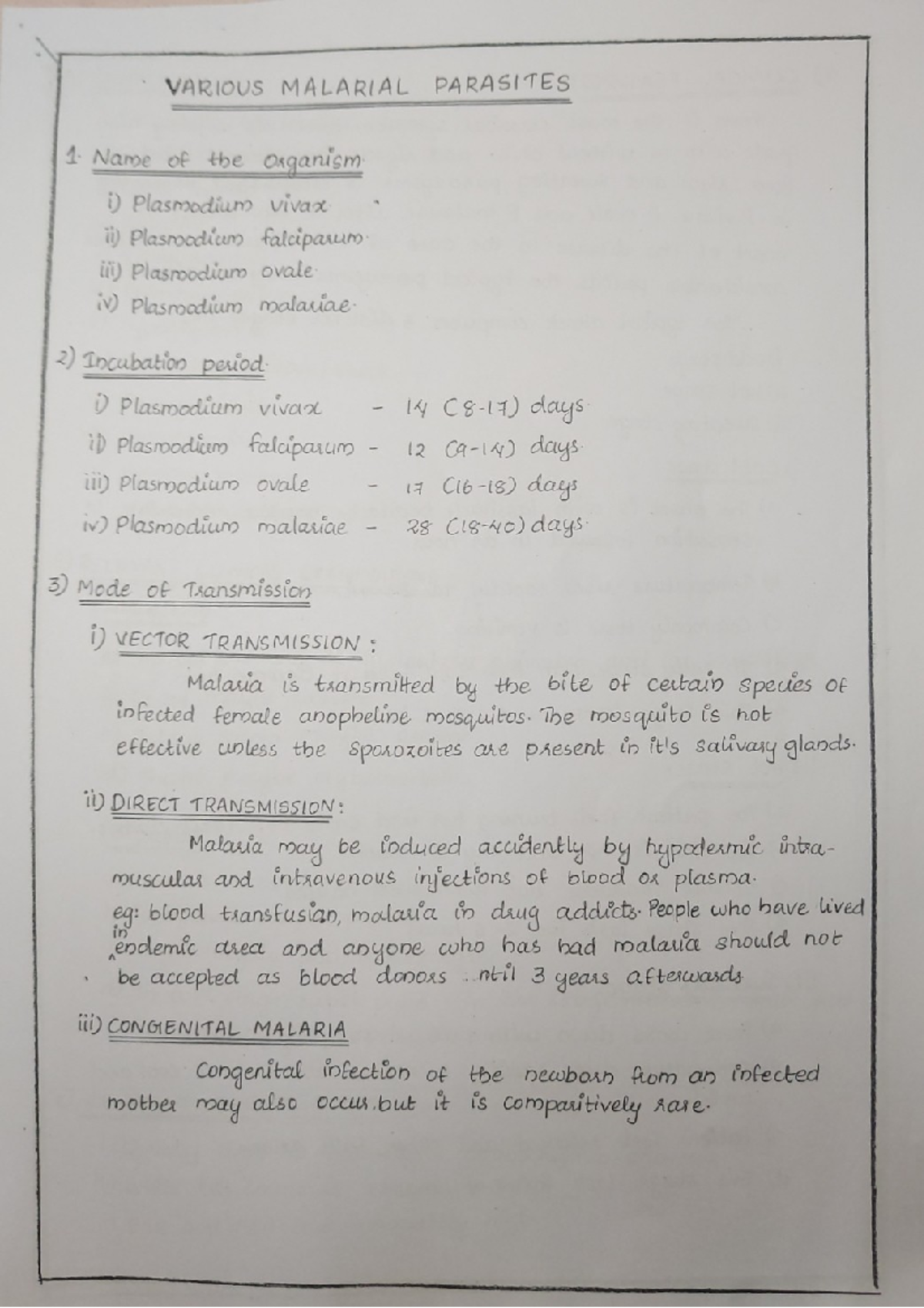Malarial Parasites Notes - VARIOUS MALARIAL PARASITES 1. Name of the ...