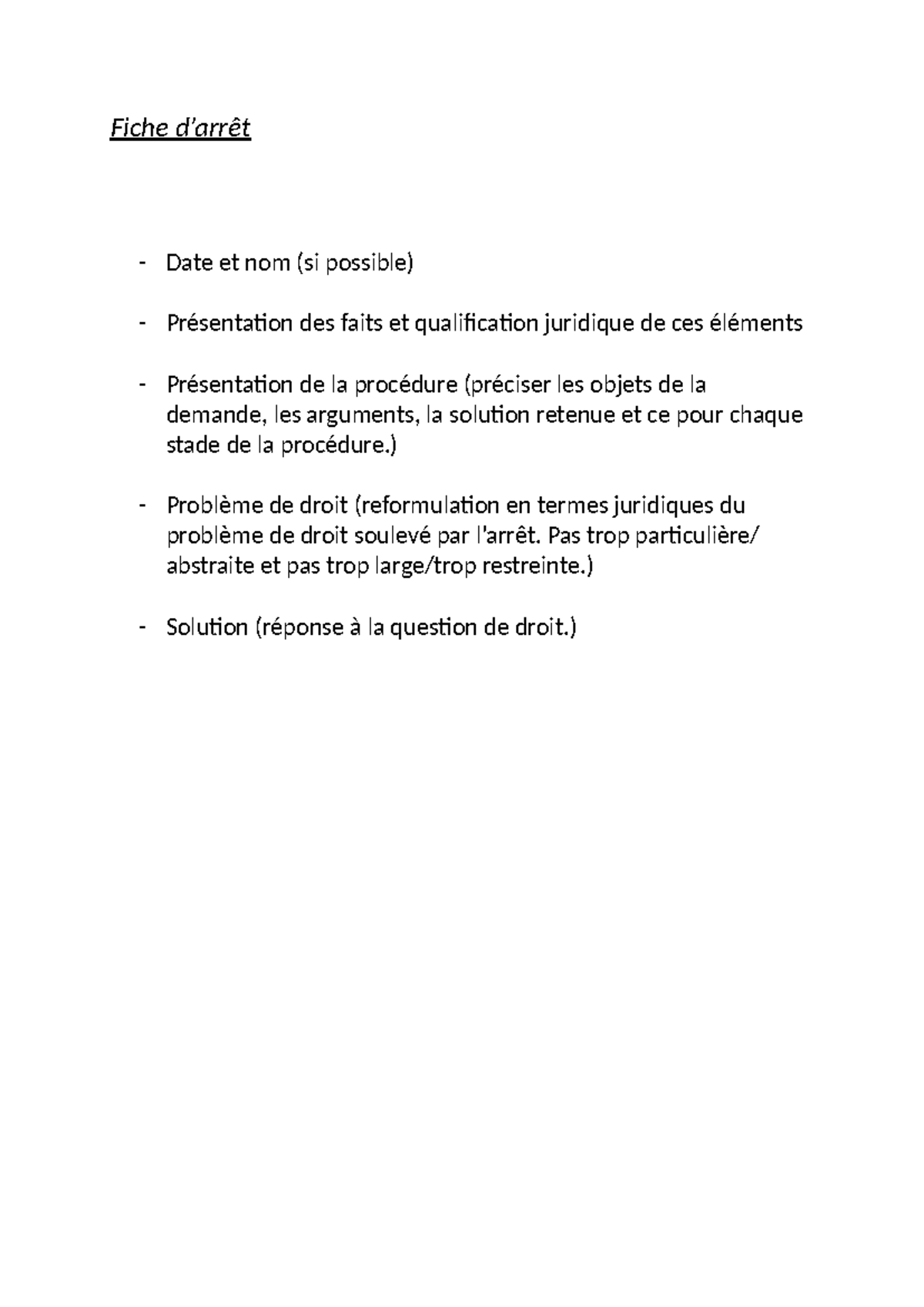 Méthodologie fiche d'arrêt - Fiche d’arrêt - Date et nom (si possible ...