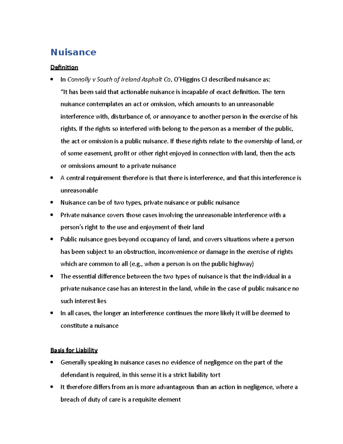 7. Nuisance - notes - Nuisance Definition In Connolly v South of ...
