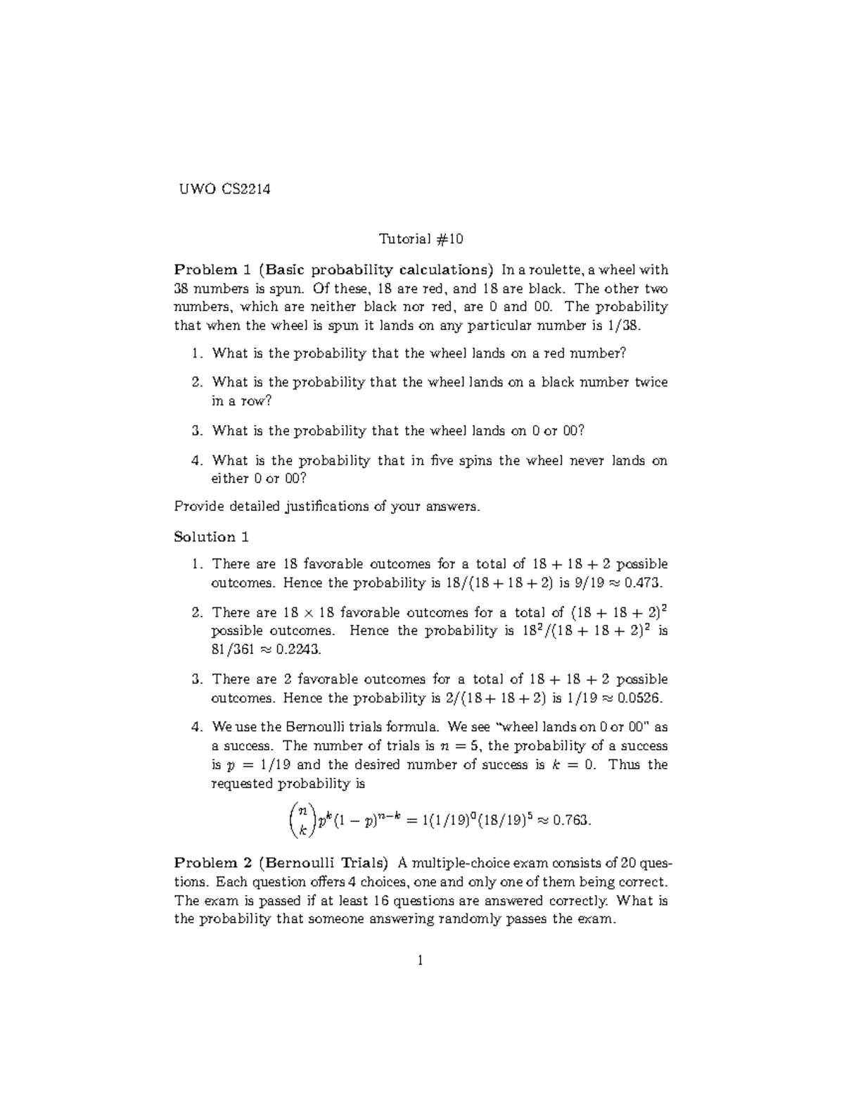 week10 tutorial - UWO CS Tutorial # Problem 1 (Basic probability calculations) In a roulette, a ...