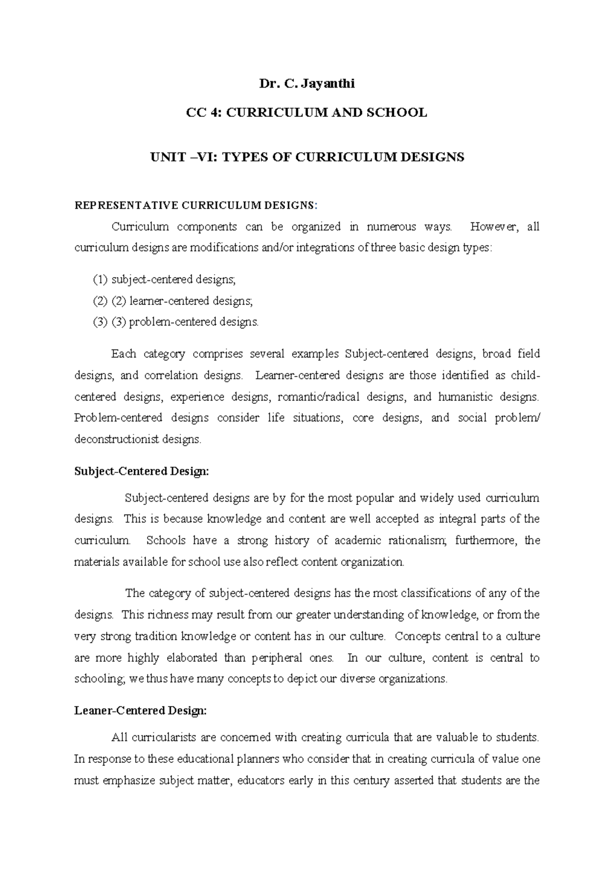 Curriculum of school - Dr. C. Jayanthi CC 4: CURRICULUM AND SCHOOL UNIT ...
