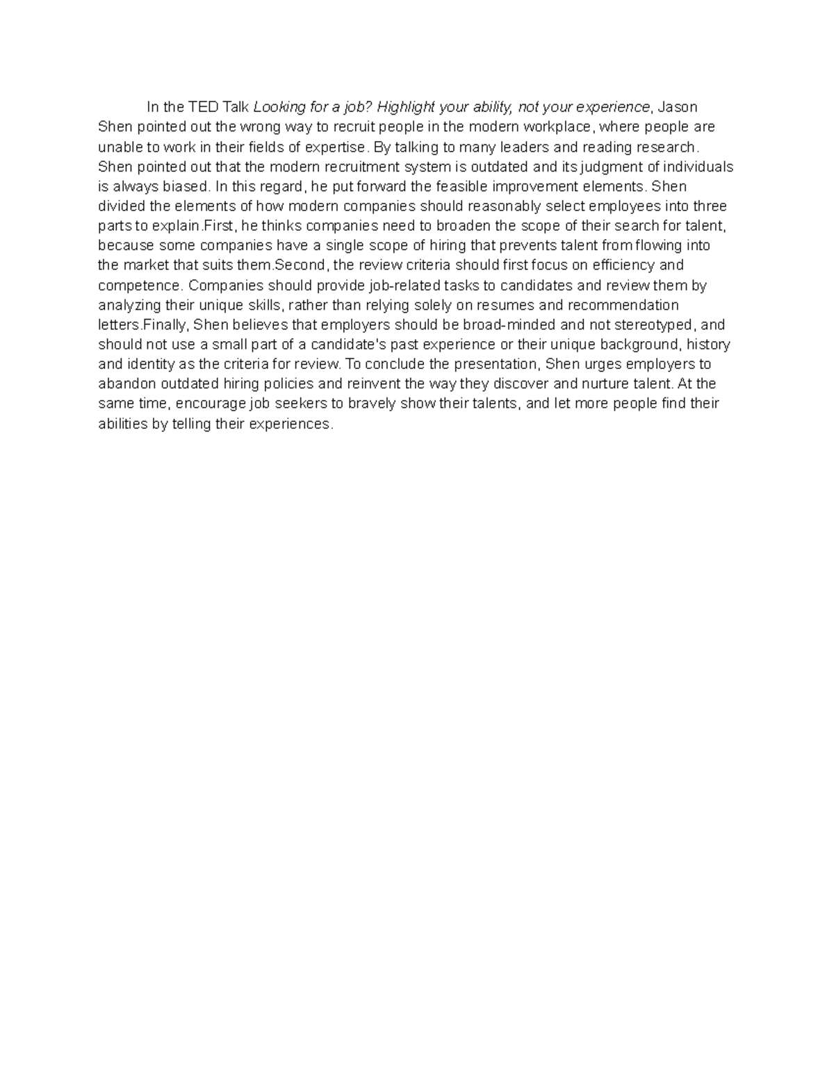 Ted talk summary - ted talk shen - In the TED Talk Looking for a job ...