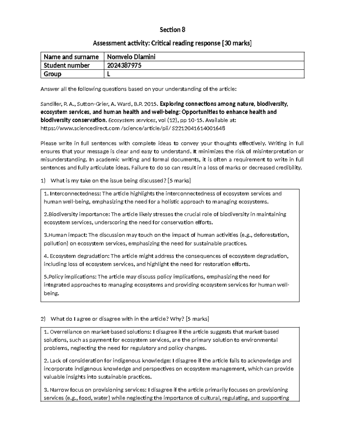Section 8 Critical reading response 30 marks - Section 8 Assessment ...