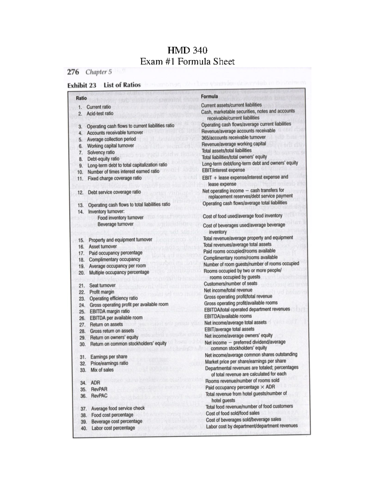 HMD 340 Exam 1 Formulas - Study Guide - HMD 340 - HMD 340 Exam #1 Formula Sheet - Studocu