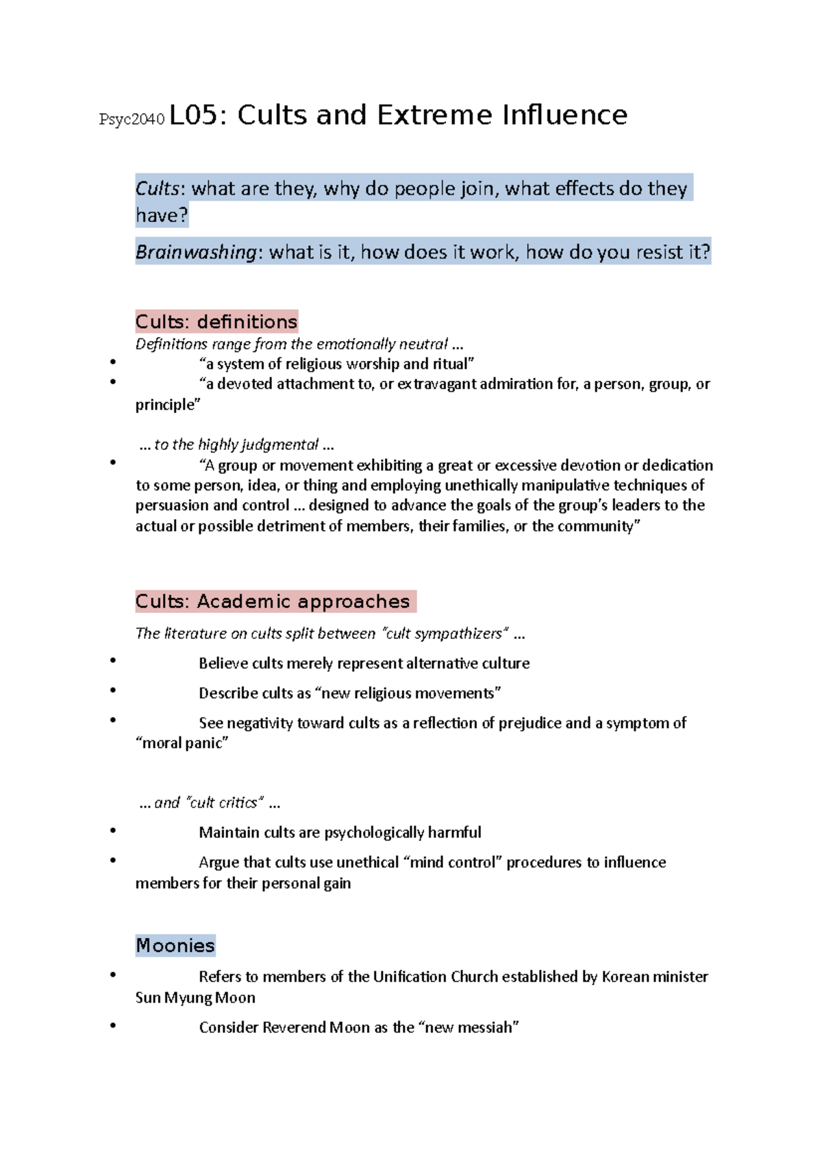 Psyc2040 L05- Cults and Extreme Influence - Psyc2040 L05: Cults and ...