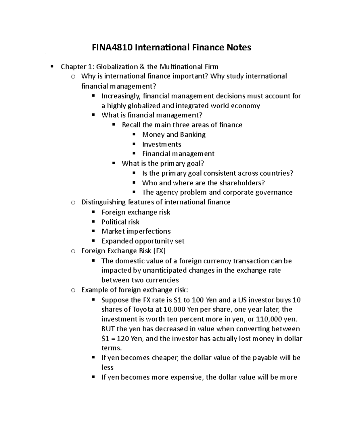 FINA4810 Notes 1 - FINA4810 International Finance Notes Chapter 1 ...