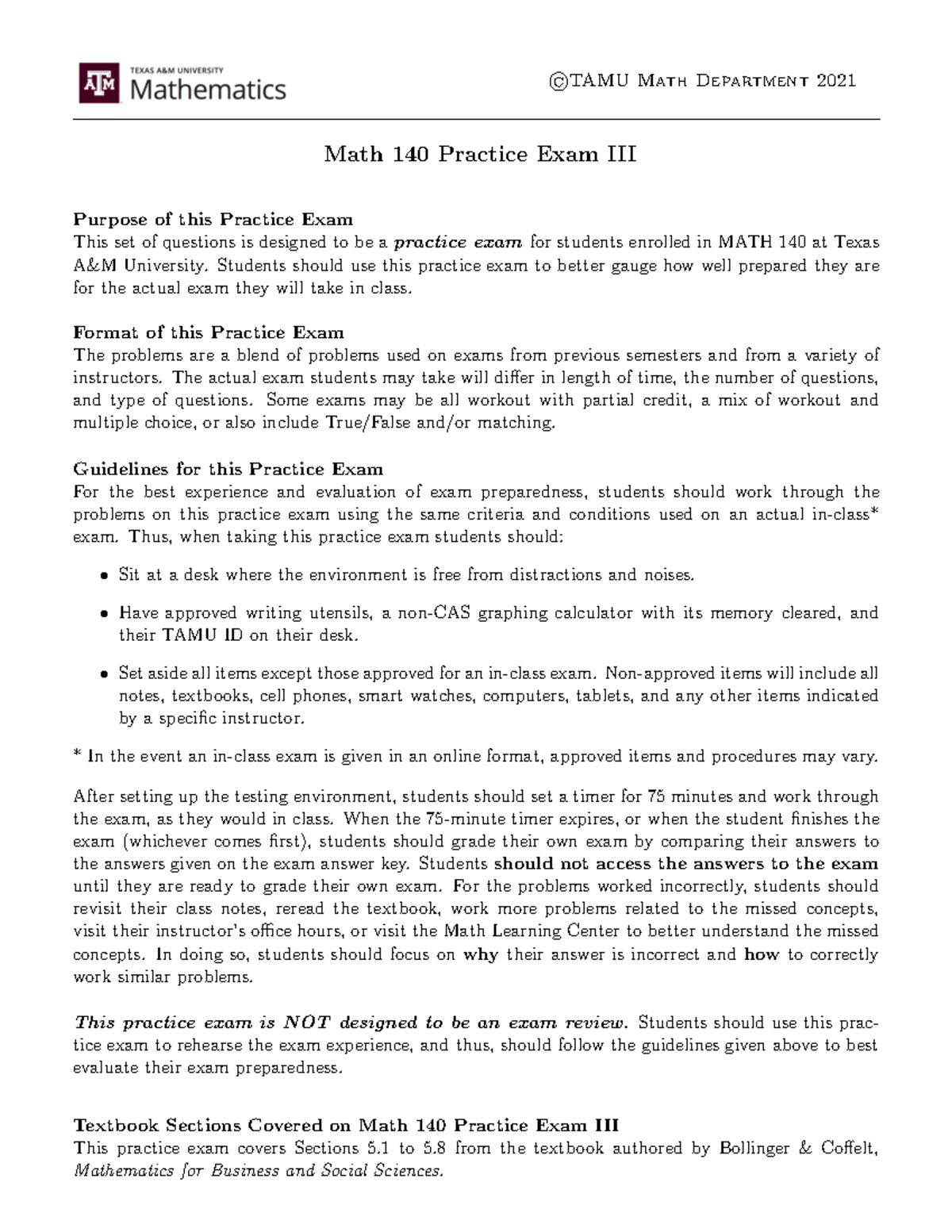 MATH 140 Practice Exam III - Math 140 Practice Exam III Purpose of this Practice Exam This set ...