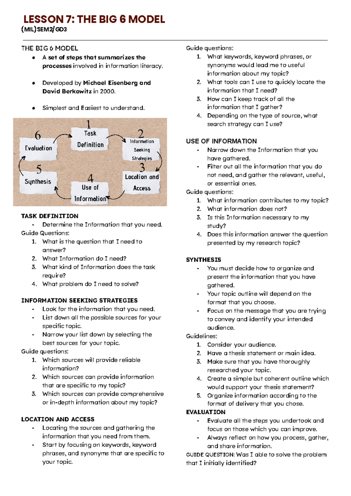 L7 Media literacy - LESSON 7: THE BIG 6 MODEL (MIL)SEM2/GD THE BIG 6 ...