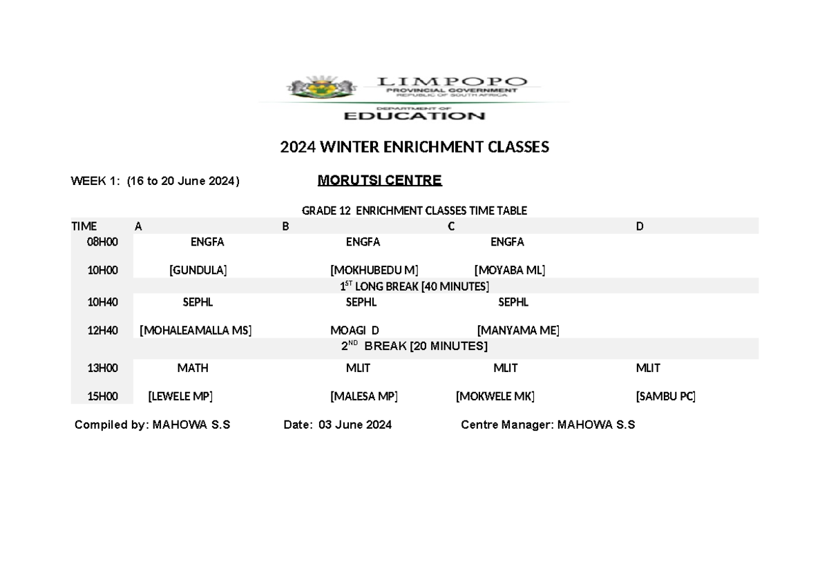 Edited 2024 Morutsi Winter Enrichment Classes Time Table - 2024 WINTER ENRICHMENT CLASSES WEEK 1 ...