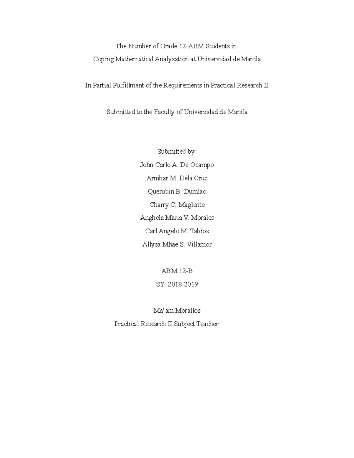 The Number of Grade 12-ABM Students in coping mathematical analyzations ...