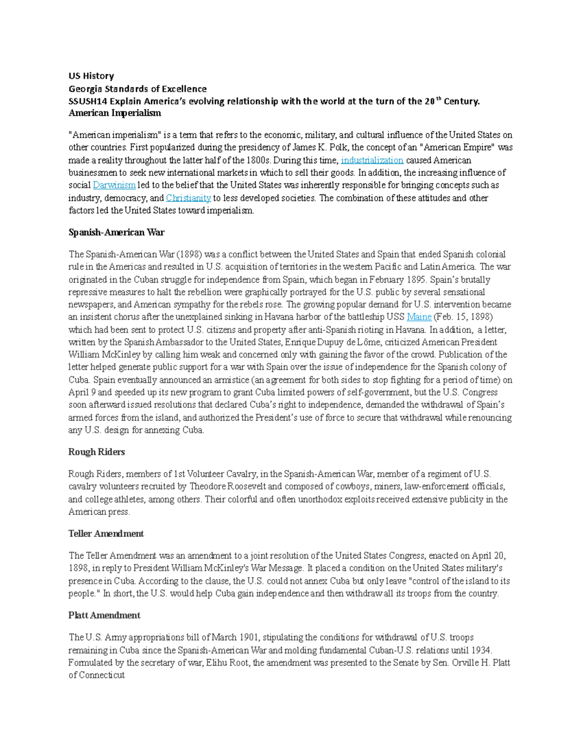 United States Imperialism - US History Georgia Standards of Excellence ...