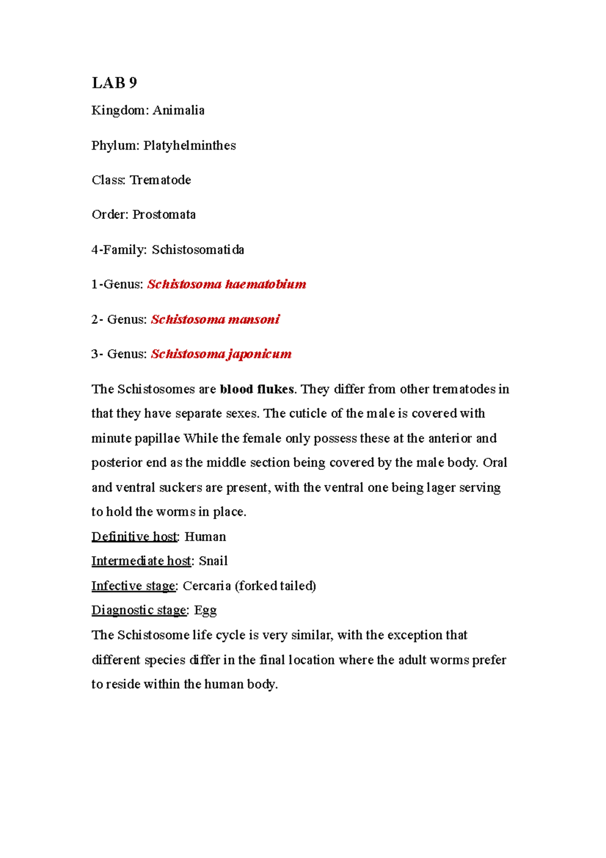 Parasitolog Lab9 - LAB 9 Kingdom: Animalia Phylum: Platyhelminthes Class: Trematode Order: - Studocu