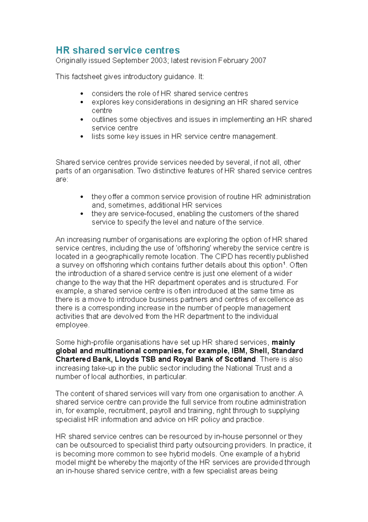 CIPD (2007 ) Fact sheet - shared service centres - HR shared service ...