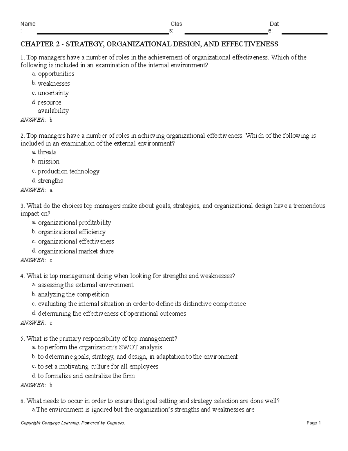 Chapter 2 Strategy Organizational Design And Effectiveness Chapter 2
