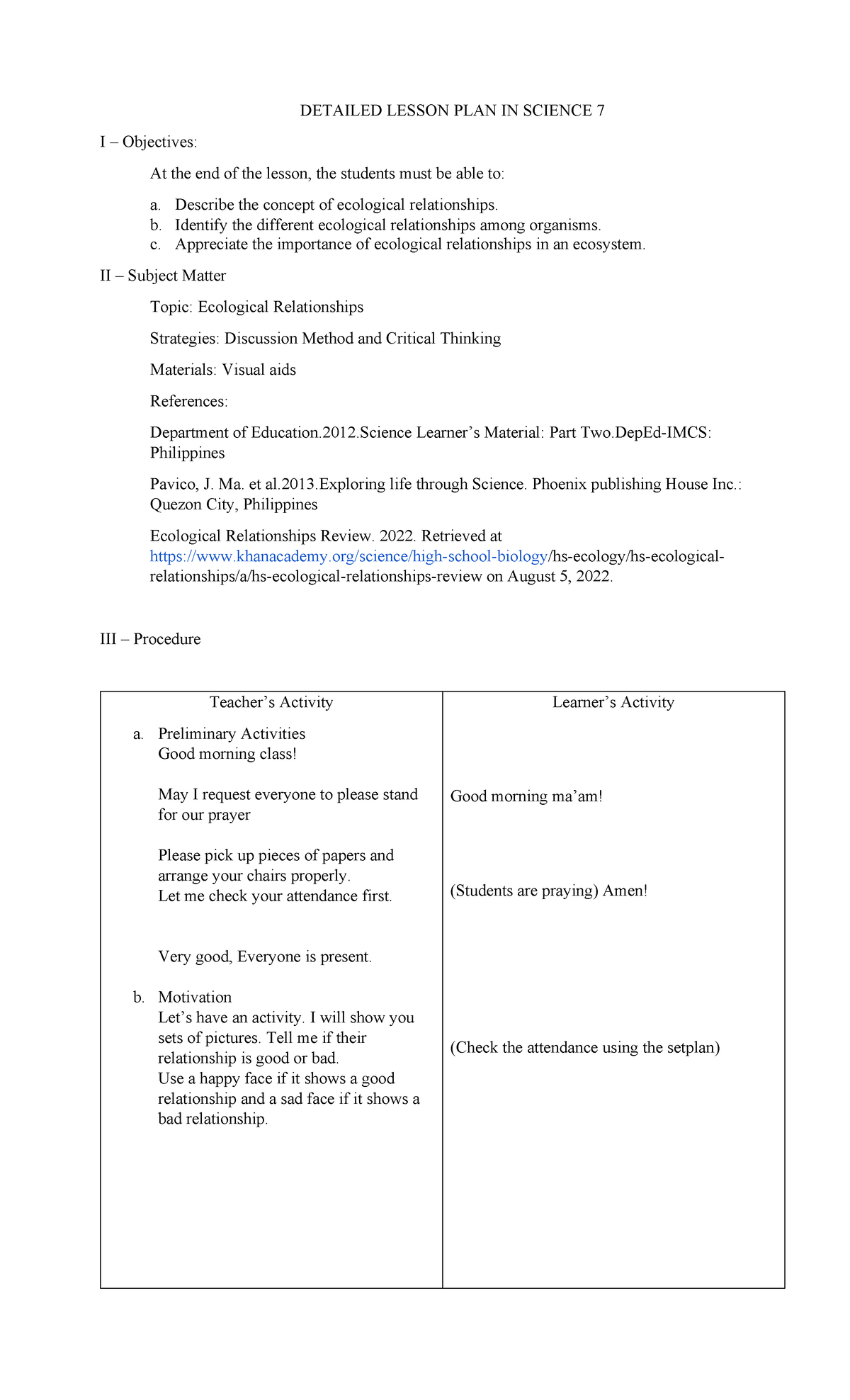Lesson plan Ecological Relationship - DETAILED LESSON PLAN IN SCIENCE 7 ...