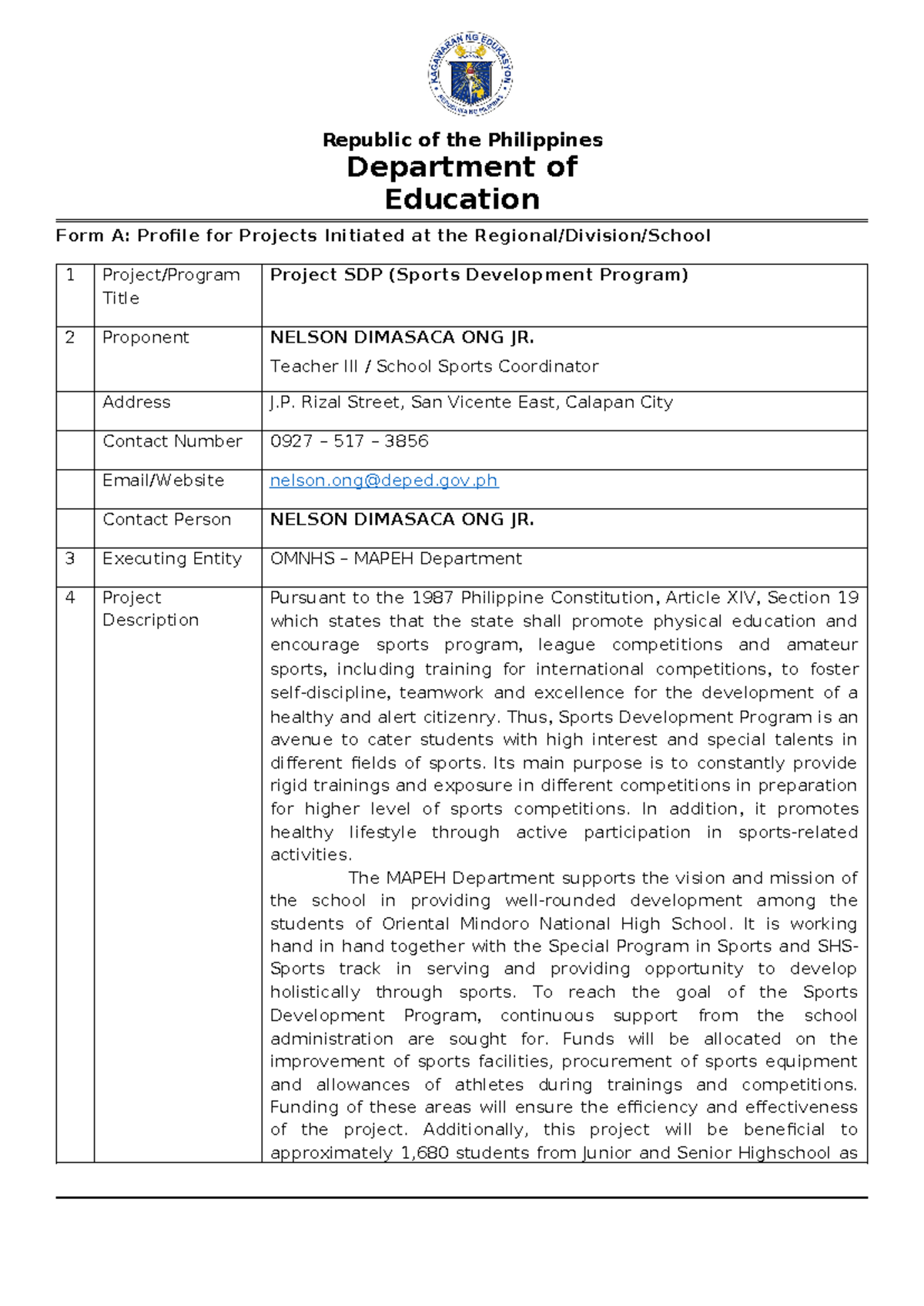 Project-Proposal-SDP Nelson New - Republic of the Philippines ...