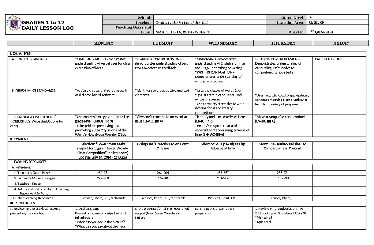 DLL English 4 Q3 W7 - GRADES 1 to 12 DAILY LESSON LOG School: Grade ...