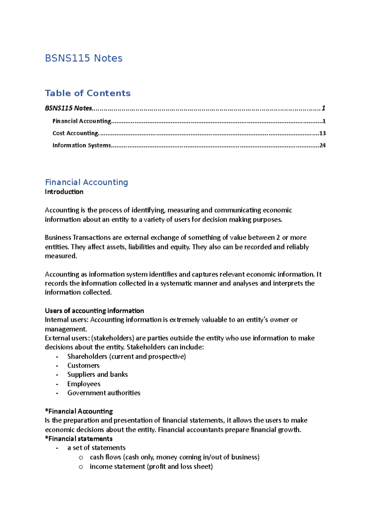 BSNS115 Exam Notes -2021 - BSNS115 Notes Table of Contents BSNS115 ...