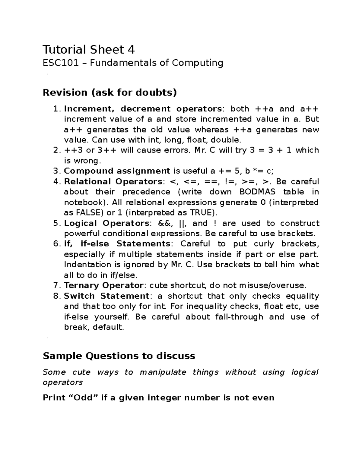 Week4 Tutorial Sheet Shared By Professor Tutorial Sheet 4 Esc101 Fundamentals Of Computing