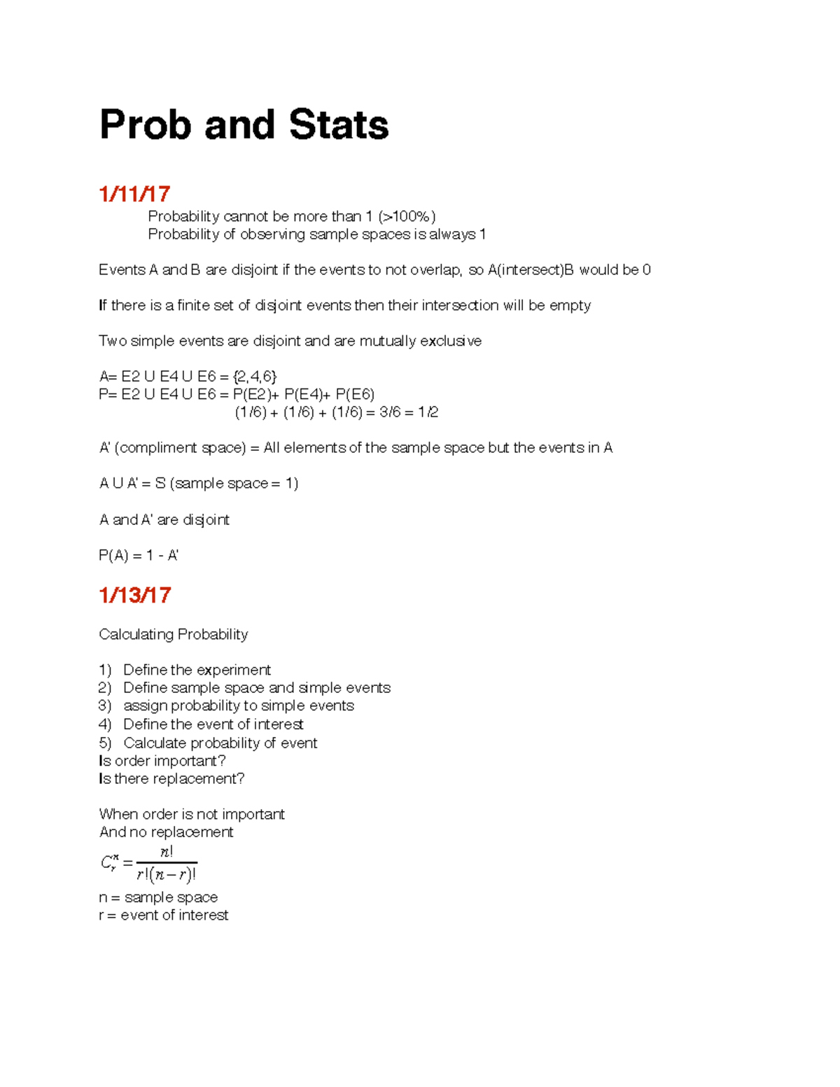 Prob and Stats Notes - Prob and Stats 1/11/ Probability cannot be more ...