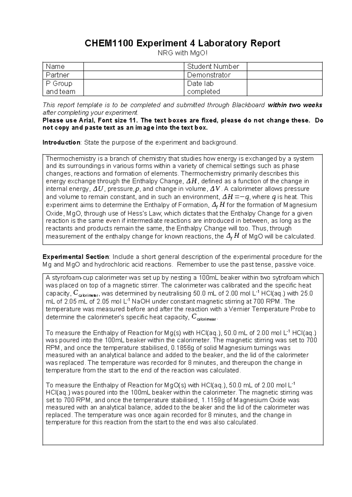 CHEM1100 Experiment 4 Lab Report (NrG with MGO!) - CHEM1100 Experiment ...