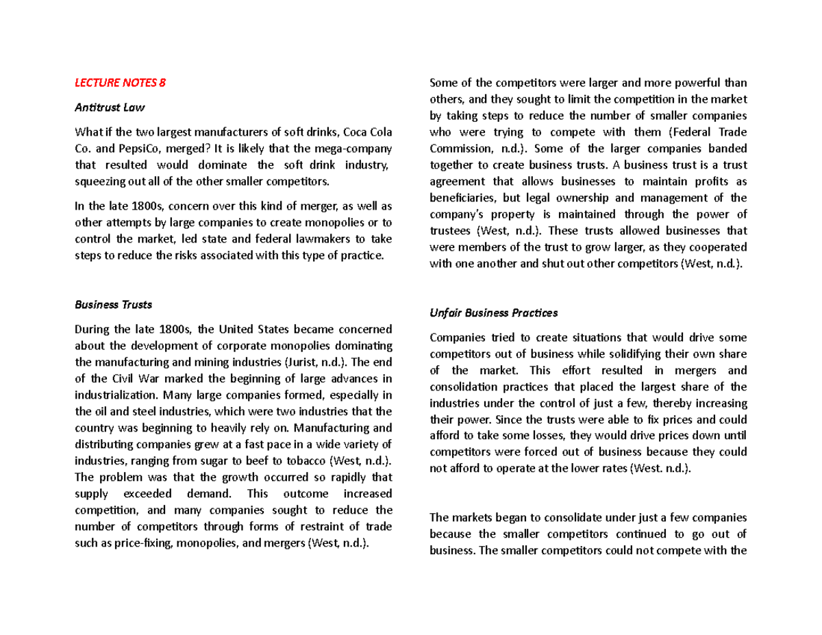 Lecture Notes 8 - Antitrust Law - Business Law and Regulations - Studocu