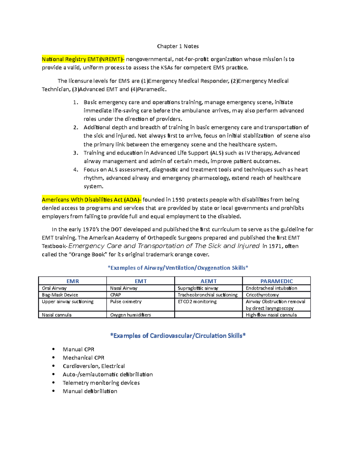 Chapter 1 Notes - Chapter 1 Notes National Registry EMT(NREMT ...