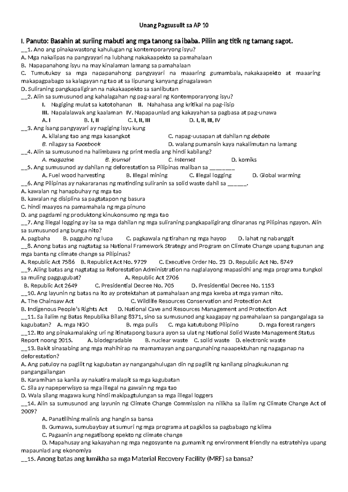 Unang Pagsusulit sa AP 10 - Panuto: Basahin at suriing mabuti ang mga ...