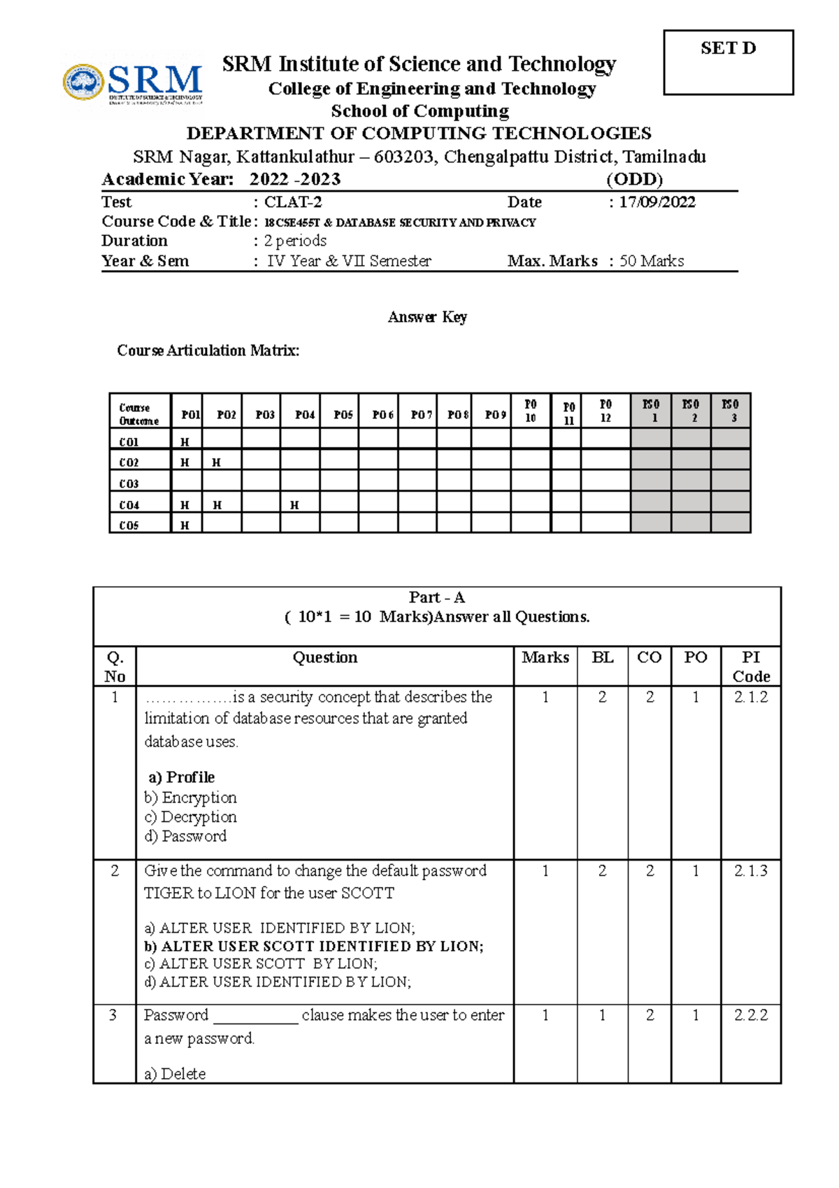 CT2 Set D - CT2 Set D - SRM Institute of Science and Technology College ...