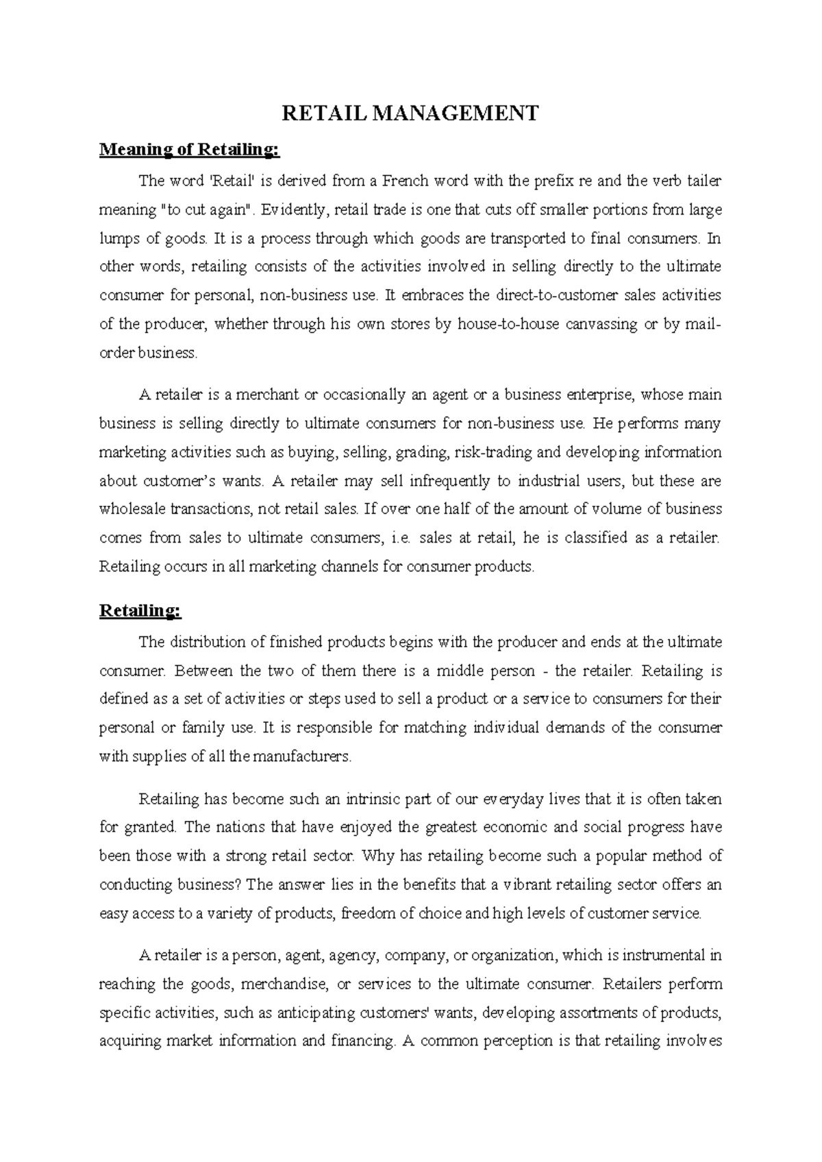 Retail Management MSW - RETAIL MANAGEMENT Meaning of Retailing: The ...