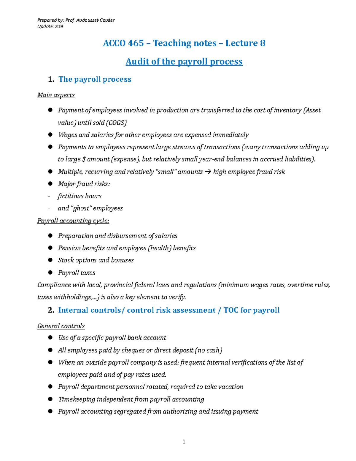 Payroll - notes - Update: S ACCO 465 – Teaching notes – Lecture 8 Audit ...