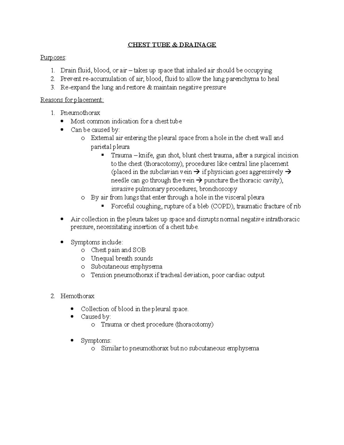Chest Drainage - notes - CHEST TUBE & DRAINAGE Purposes: Drain fluid ...