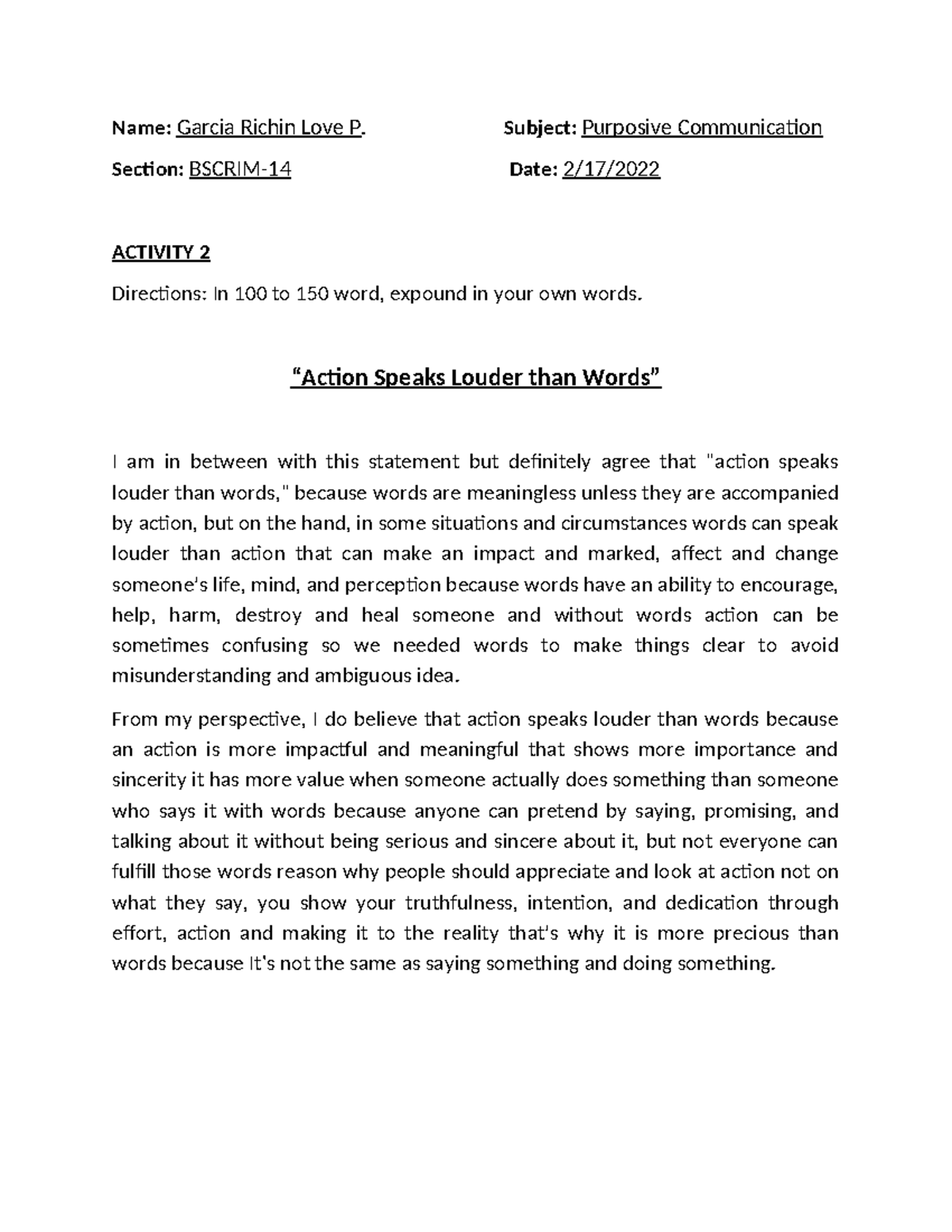 Activity-2-Action-Speaks-Louder-than-Words - Name: Garcia Richin Love P. Subject: Purposive ...