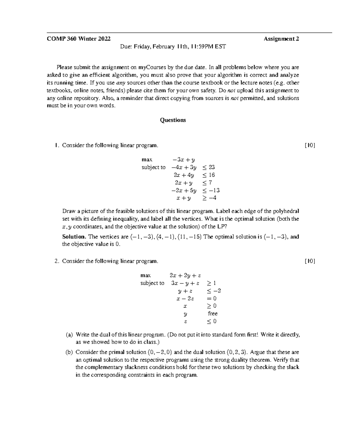 A2-sol - Second Assignment Solutions - COMP 360 Winter 2022 Assignment 2 Due: Friday, February ...