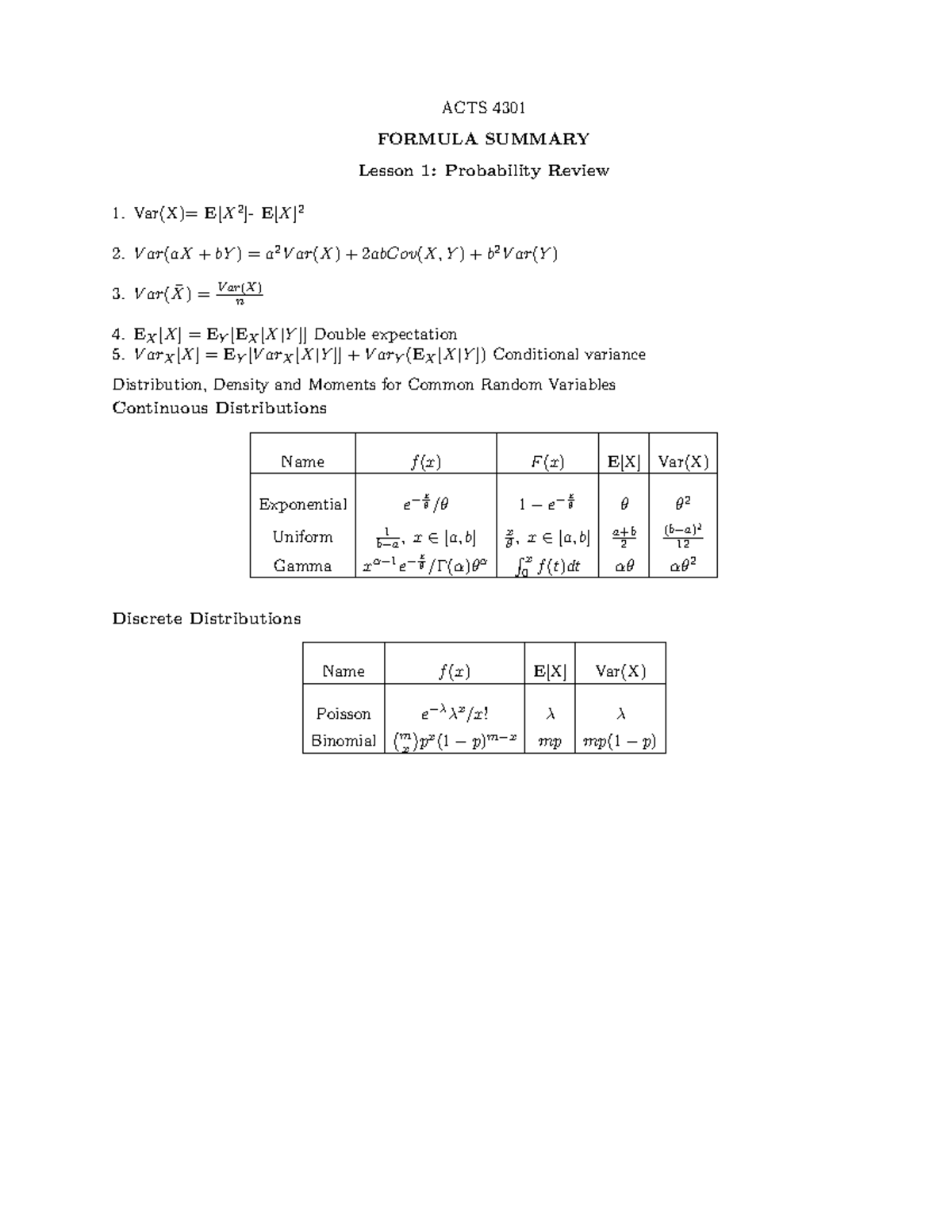Formulae MLC - Formula sheet - ACTS 4301 FORMULA SUMMARY Lesson 1: Probability Review Var(X)= E ...
