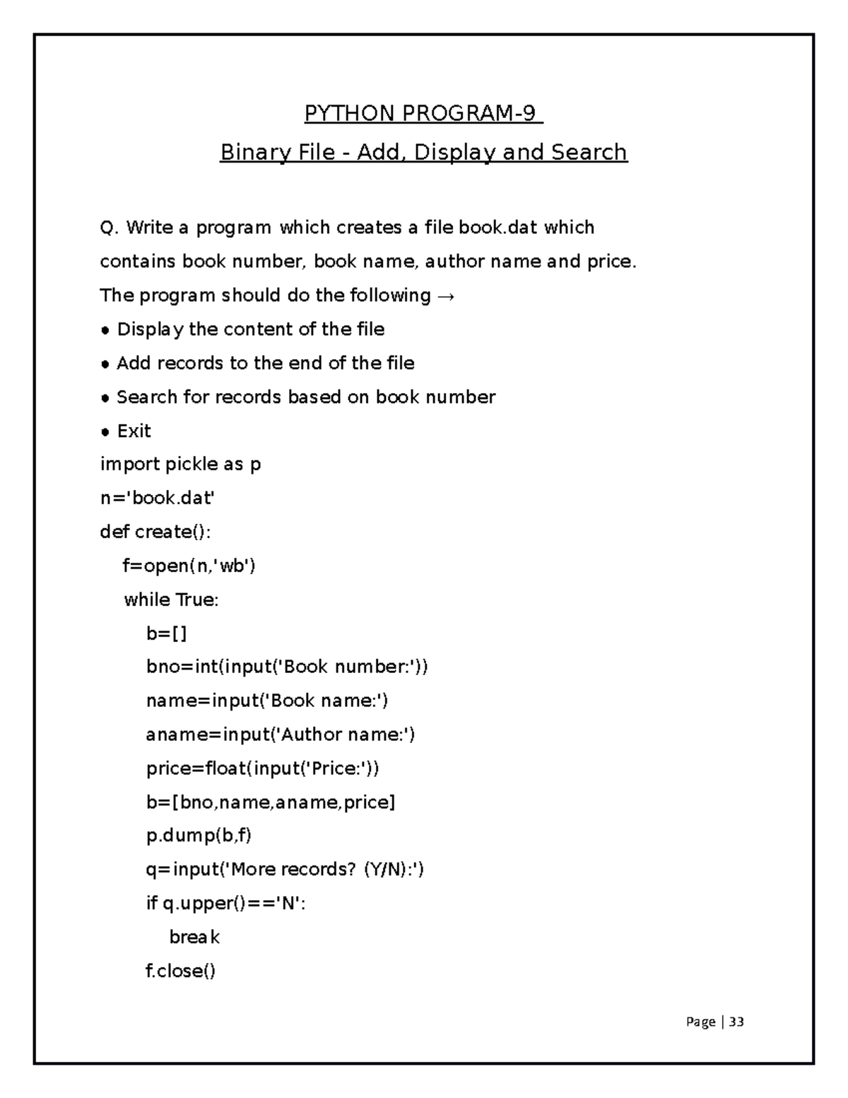 Python Program 9 - PYTHON PROGRAM- Binary File - Add, Display and ...
