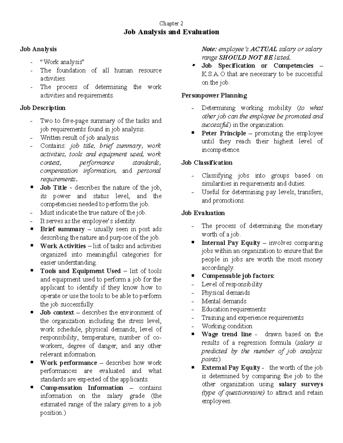 IO Reviewer - Chapter 2 Job Analysis and Evaluation Job Analysis - “Work analysis” - The ...