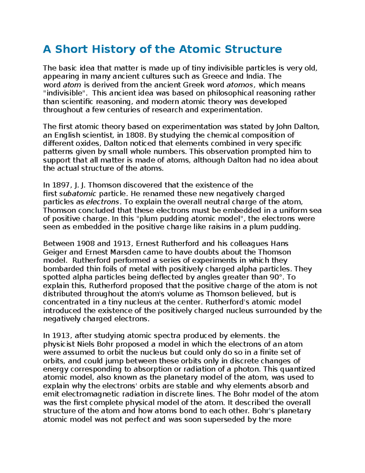 A Short History of the Atomic Structure - The word atom is derived from ...