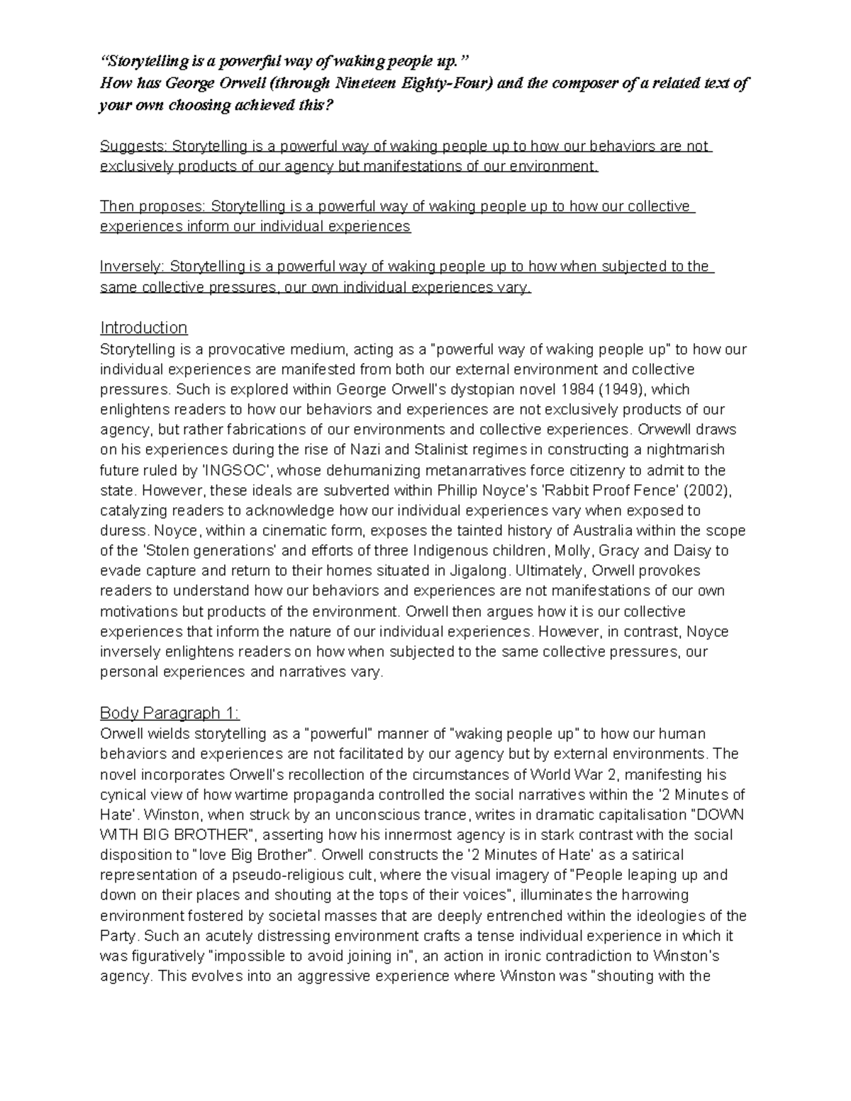 Task 1 1984 Essay SBHS - “Storytelling is a powerful way of waking ...