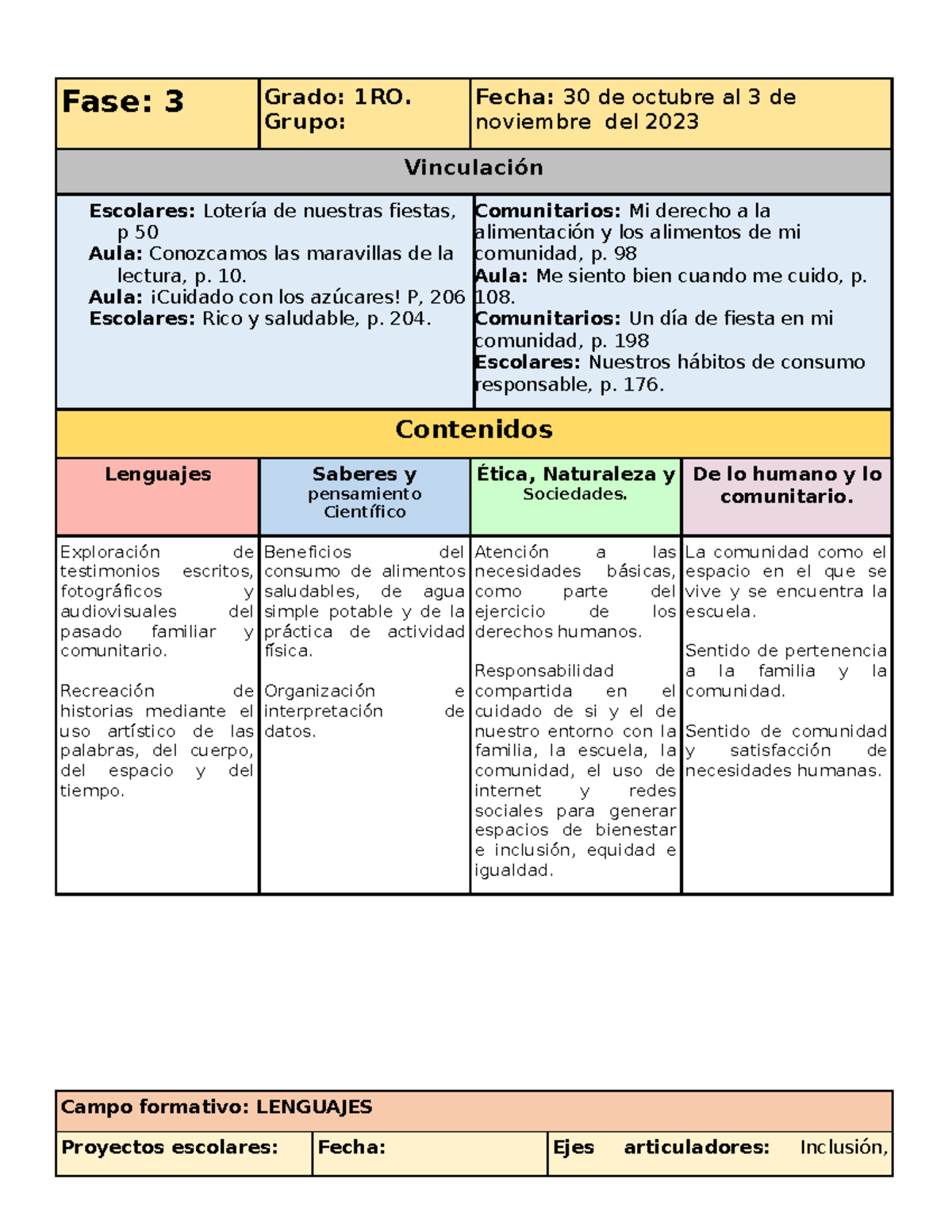 PLAN Octubre Primero - Fase: 3 Grado: 1RO. Grupo: Fecha: 30 de octubre ...