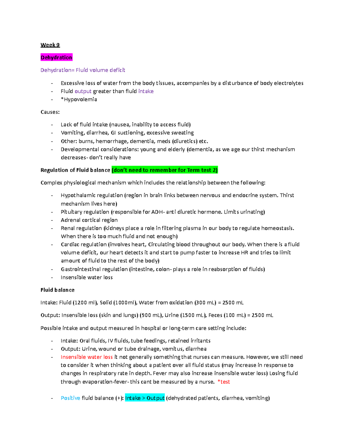 Nursing thoery Week 9 notes - Week 9 Dehydration Dehydration= Fluid ...