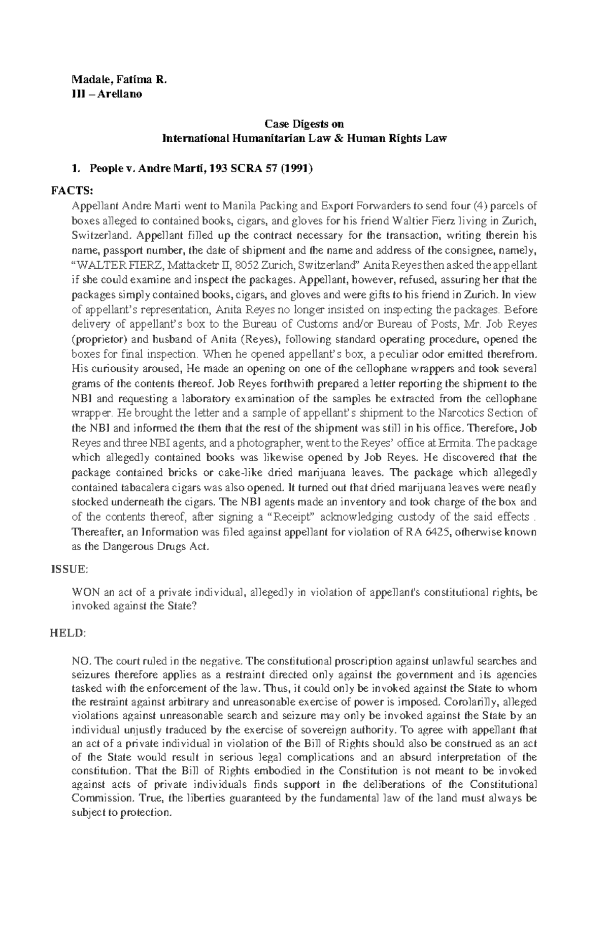 Madale - IHL - Case Digest - Madale, Fatima R. III – Arellano Case ...
