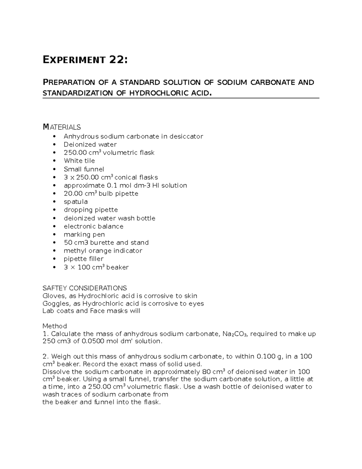 Preparation Of A Standard Solution Of Sodium Carbonate And Standardization Of Hydrochloric Acid