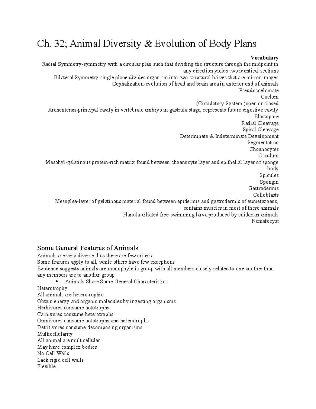 Animal Diversity and Evolution of Body Plans - Ch. 32; Animal Diversity ...