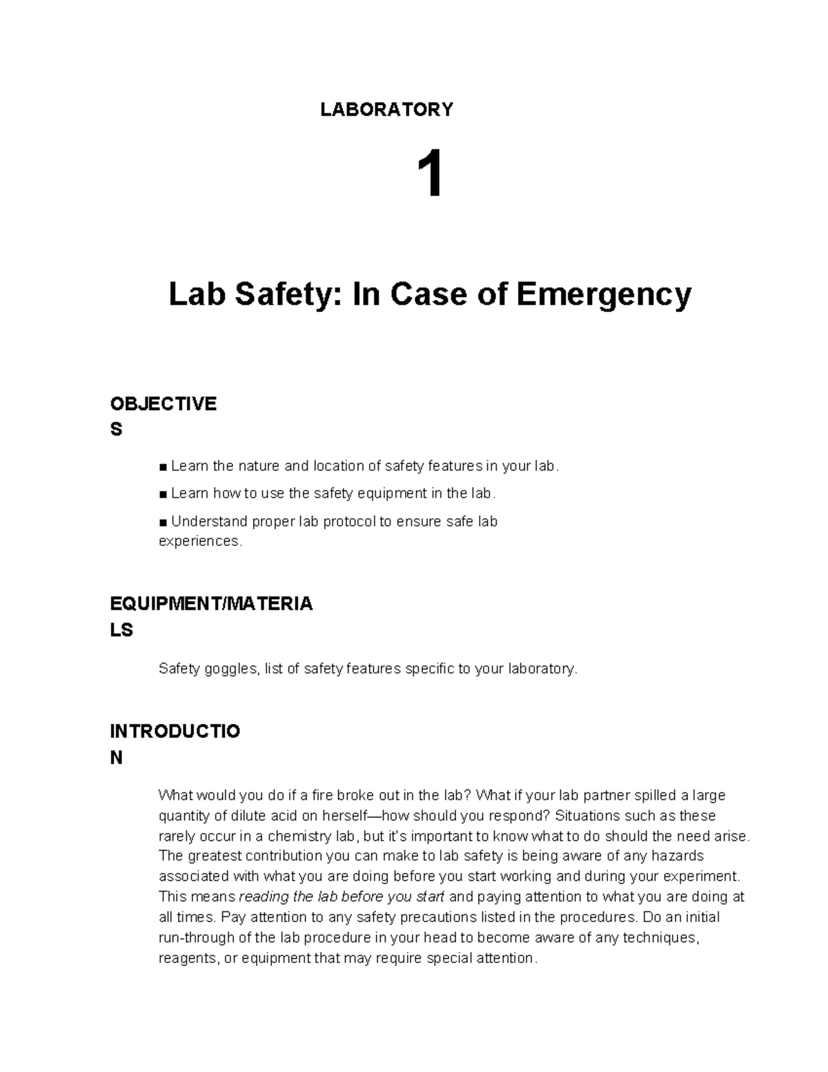 Lab Safety Exercise Completed - LABORATORY 1 Lab Safety: In Case of ...