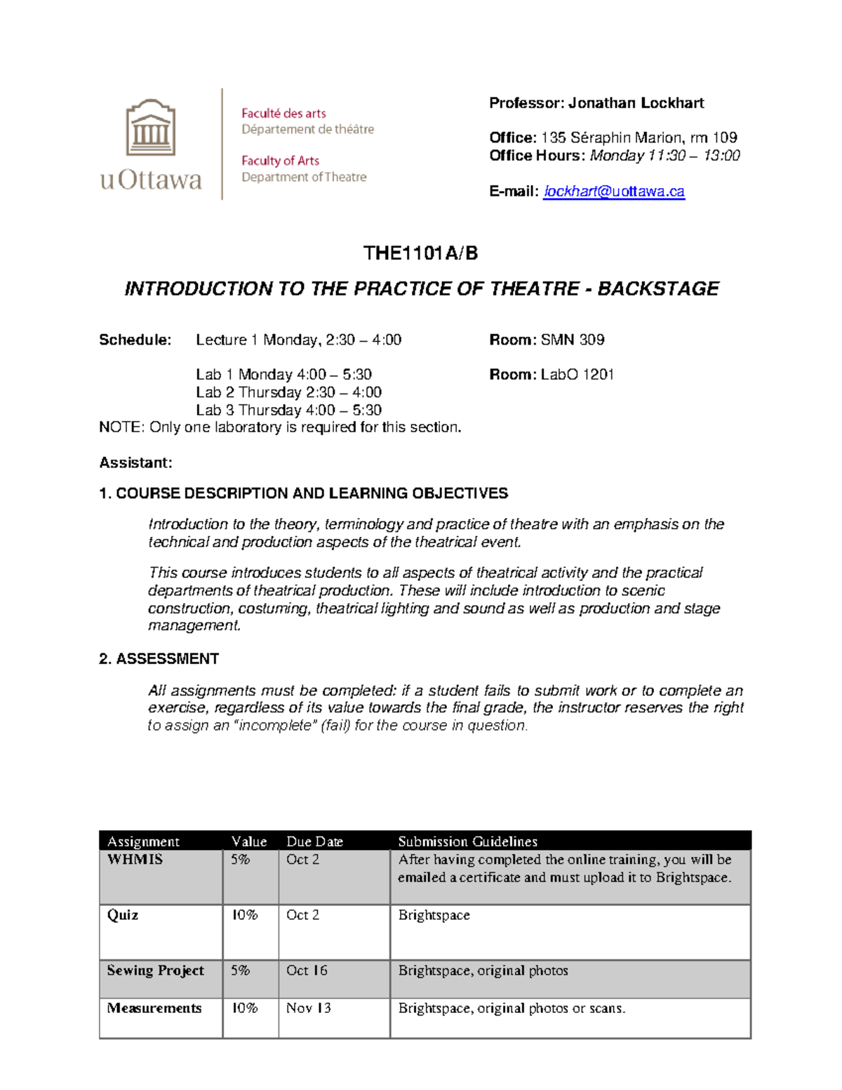 THE1101 Syllabus - Summary Introduction to the Practice of Theatre II ...