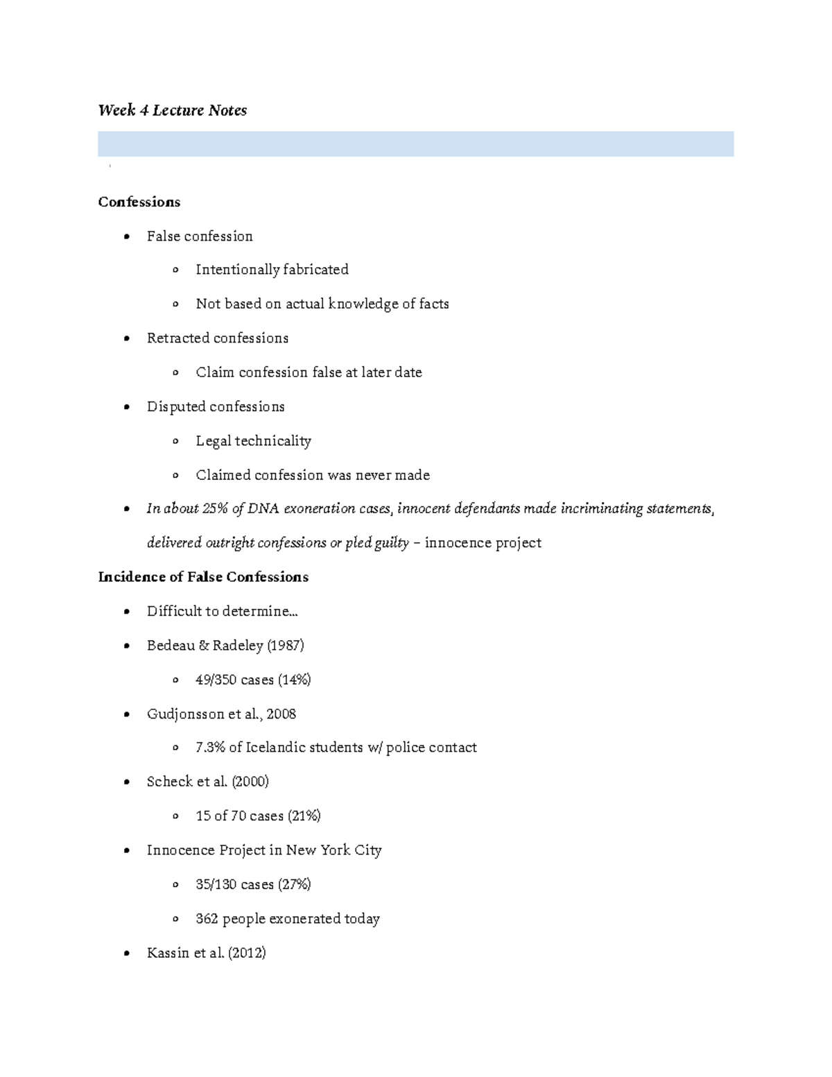 Week 4 lecture notes - .... - Week 4 Lecture Notes Confessions False ...
