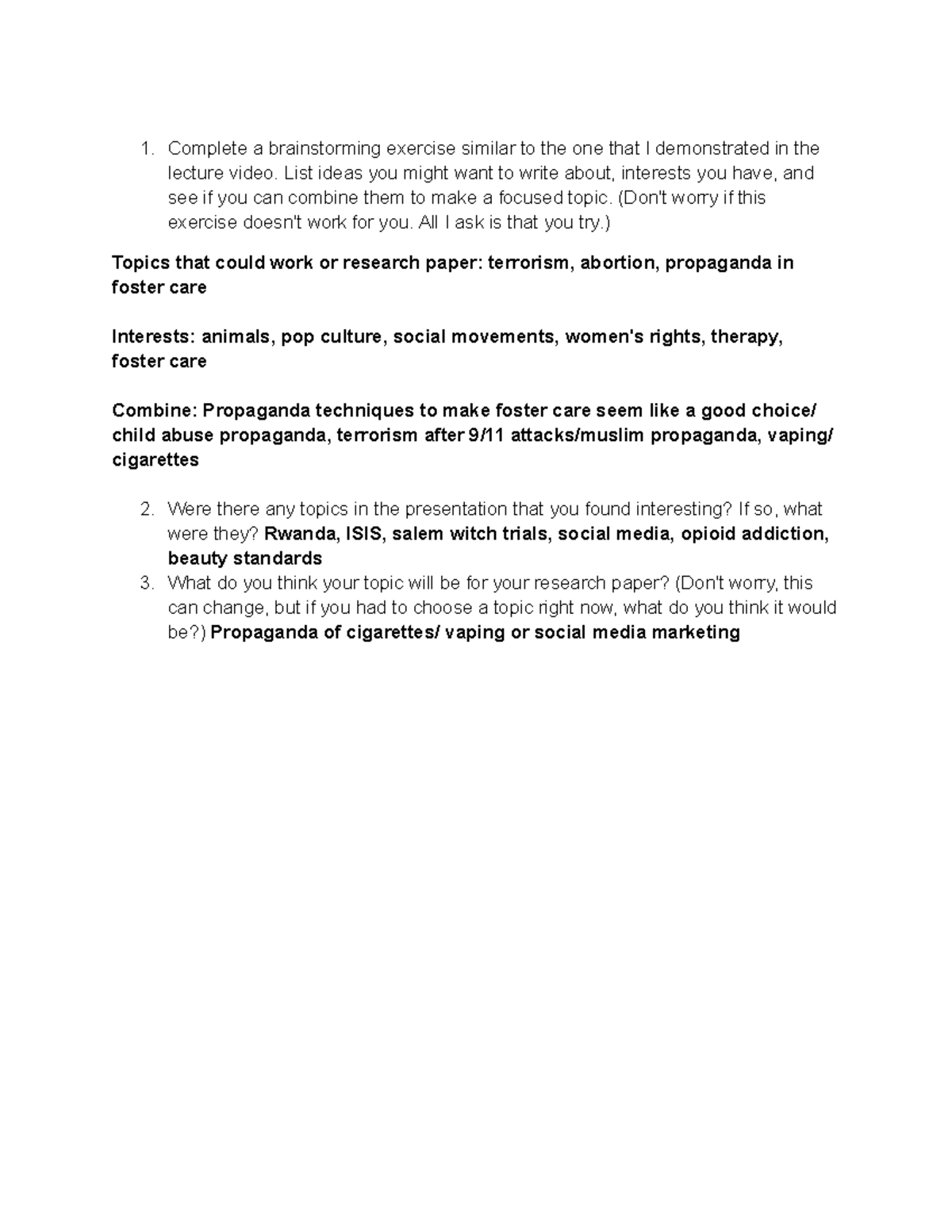 Brainstorm - writing assignment - Complete a brainstorming exercise ...